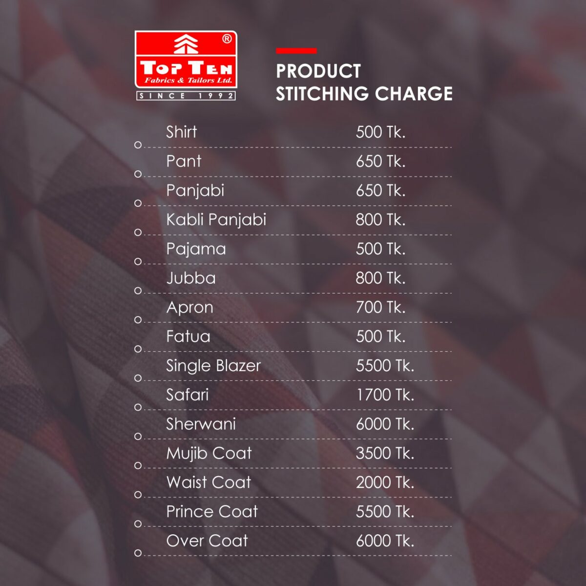 Tailoring Charge List - Top Ten Mart